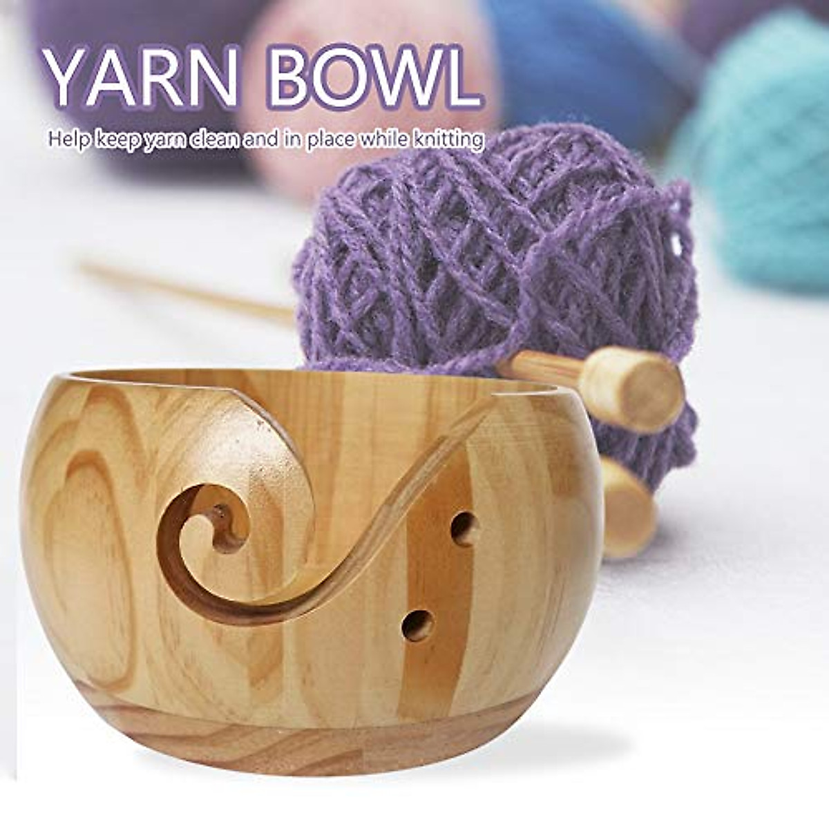 iayokocc Wooden Yarn Bowl with Holes Holder - Yarn Holder Knitting Bowls Handmade Knitting Bowl Wool Holder for Knitting and Crochet Accessories Storage (Wine Red)