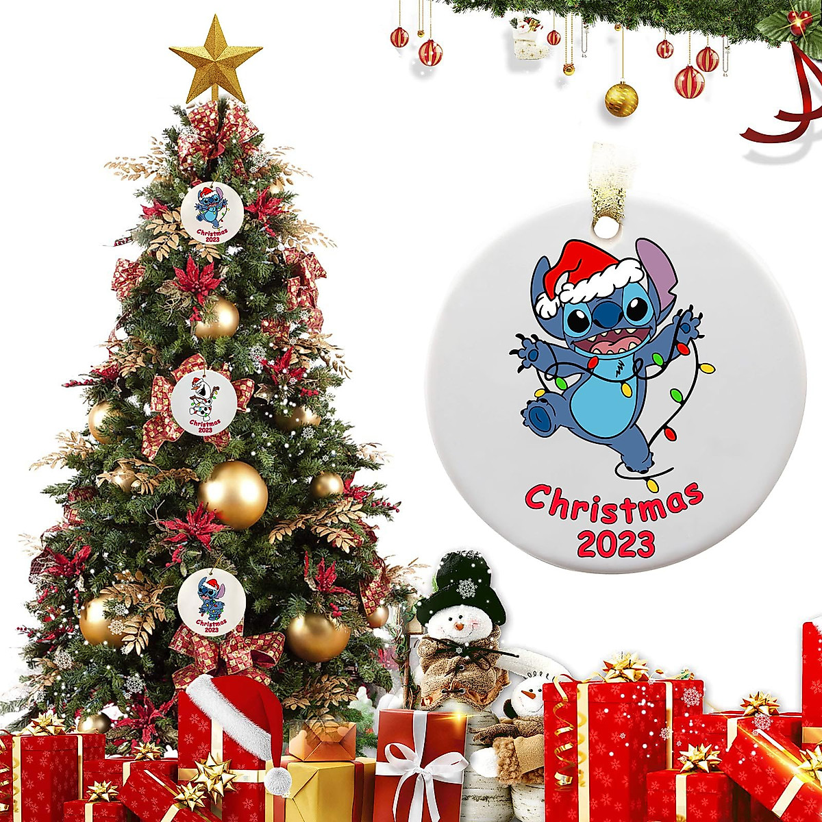 Cosershow Christmas Ornaments 2023 Lilo Stitch Christmas Ornaments 2023 Double-Side Printed Baby Christmas Ornament Gifts for Kids Fans Cute Cartoon Xmas Tree Decorations for Boys Girls
