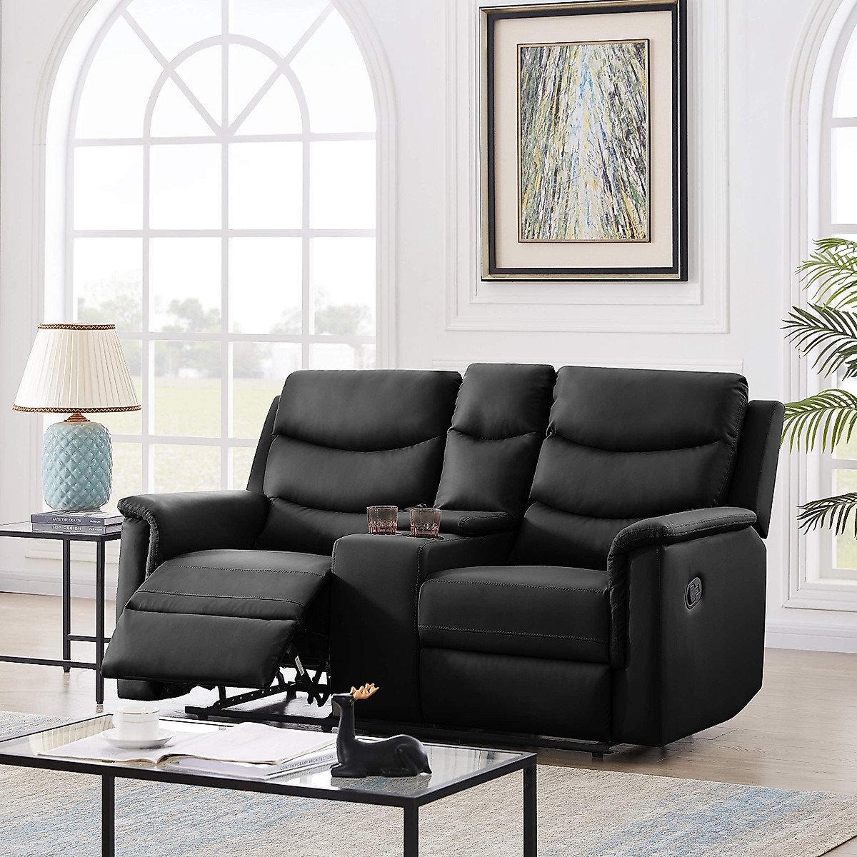 Faux Leather Double Recliner Loveseat Sofa with Console, 2 Seater Love Seat Couch Home Theater Seating RV Furniture,Pillow Top Armrest Manual Recliling Sofa & Couches with Storage & Cup Holders