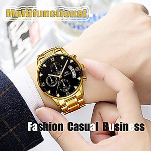 DREAMING Q&P Gold Stainless Steel Men's Wrist Watches Analog Quartz Black Military Chronograph Mutifunctional Crystal Wristwatch for Man with Date Calendar