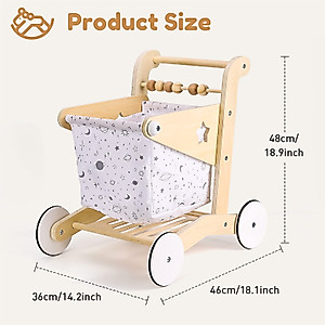 Woodtoe Wooden Baby Push Walker Doll Stroller, Adjustable Speed Shopping Cart Toddler Toys, Natural Wood Push and Pull Learning Walker Educational Birthday Toy for Boys Girls 1 2 3