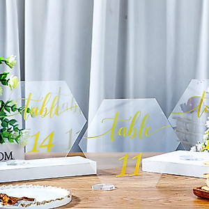 30 Pcs Gold Acrylic Wedding Table Numbers with Stand Printed Clear Acrylic Table Number Stand Table Number Signs for Wedding Reception Event Party Dining Room(Hexagonal)
