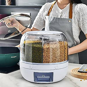 SFNTION Dry Grain & Rice Storage Container - 12L Separate Rice Bucket Cereal Dispenser for Pantry and Kitchen Countertop 6 Grid Rotating Food Grain Organizer Box Automatic Output Food