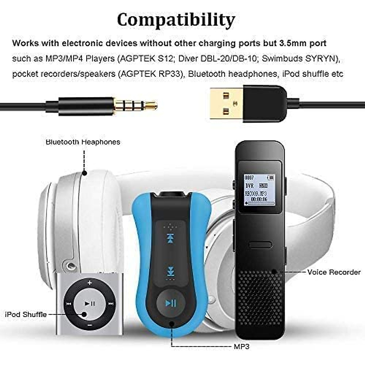 AGPTEK 3.5mm Jack Charge Cable, Male to USB 2.0 Data Sync & Charger Cable for MP3 / MP4 Players, Recorders, and Other Portable Devices, Gold-Plated, 0.8m / 2.6 feet, Black