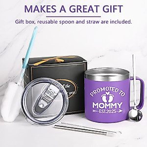 GINGPROUS New Mom Gifts, 14oz Promoted To Mommy Est 2025 Insulated Stainless Steel Coffee Mug, Mothers Day Gifts for New Mama To Be, First Time Mom, Mother, Mommy Pregnancy, Baby Shower, Purple