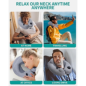 DEMEYATH Inflatable Travel Neck Pillow with Heat,Cordless Rechargeable Neck Pillow for Pain Relief Deep Tissue,Intelligent Portable 3D Shiatsu Kneading Massager for Traveling, Home,Airplane,Office