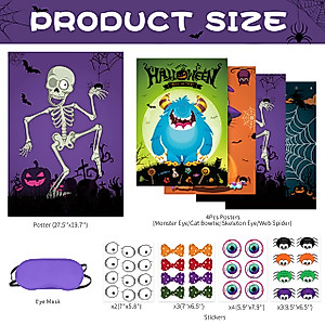 BORAMDO Halloween Party Games Halloween Pin The Game Poster with 96 Stickers and 4 Blindfolds, Halloween Pin The Tail Game for Halloween Party Supplies Favors Classroom Games