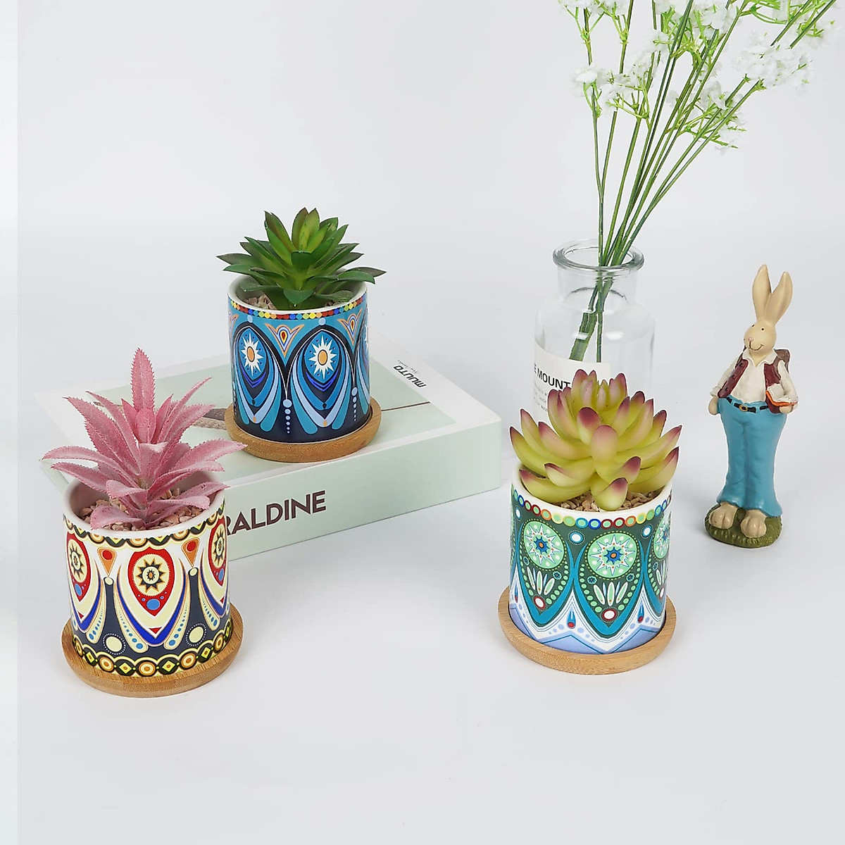 Hamore 5" Artificial Succulents in Bohemian Ceramic Pots, Set of 3 Ceramic pots & Bamboo Trays with Succulents Plants Artificial, Fake Plants for Desk Office Bathroom Bedroom Living Room