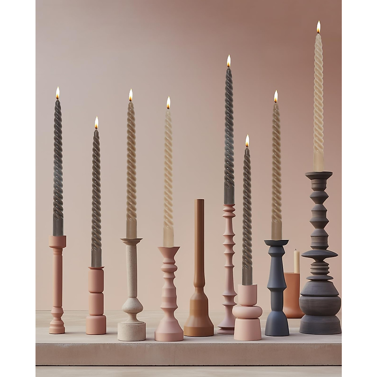 LPUSA Brown Tall Taper Candles Spiral Candle Sticks,Unscented Pastel Candle for Holiday,Wedding and Home Decoration,10inch,12 Pack(E-Gradient Brown)
