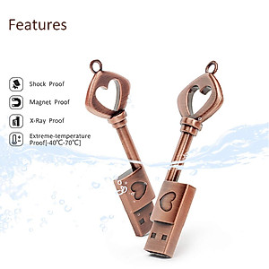 32GB USB 2.0 Flash Drive, BorlterClamp Memory Stick Retro Metal Love Heart Key Shaped Thumb Drive