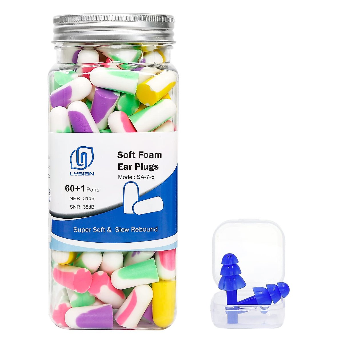LYSIAN Ultra Soft Foam Earplugs for Sleep- Noise Cancelling Ear Plugs for Sleeping, Shooting,Snoring, Mowing Sound Reduction 38dB- 60 Pairs Multi Color