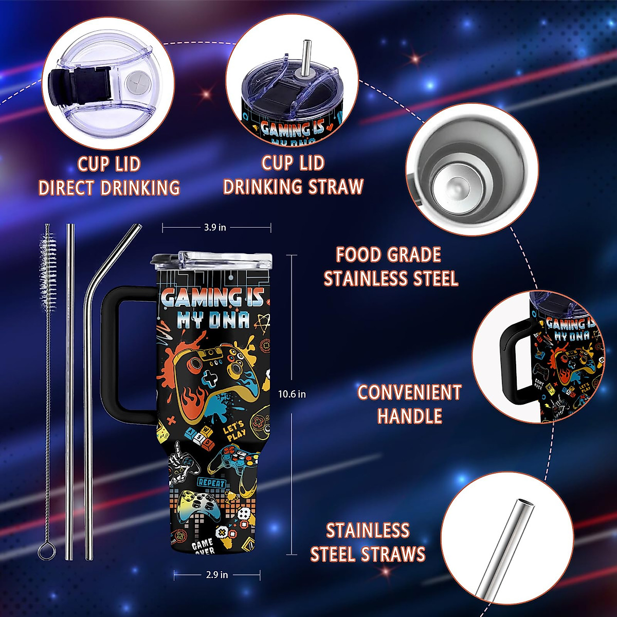 Uibunoo Gamer Gifts for Men, 40 Oz Game Tumbler with Handle & Straw, Gaming Gifts for Gamers Son Boyfriend Husband Men, Birthday Gift, Game Cup, Gaming Stuff for Boys