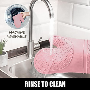 Rorecay Extra Long Oven Mitts and Pot Holders Sets: Heat Resistant Silicone Oven Mittens with Mini Oven Gloves and Hot Pads Potholders for Kitchen Baking Cooking, Quilted Liner, Pack of 6 (Pink)