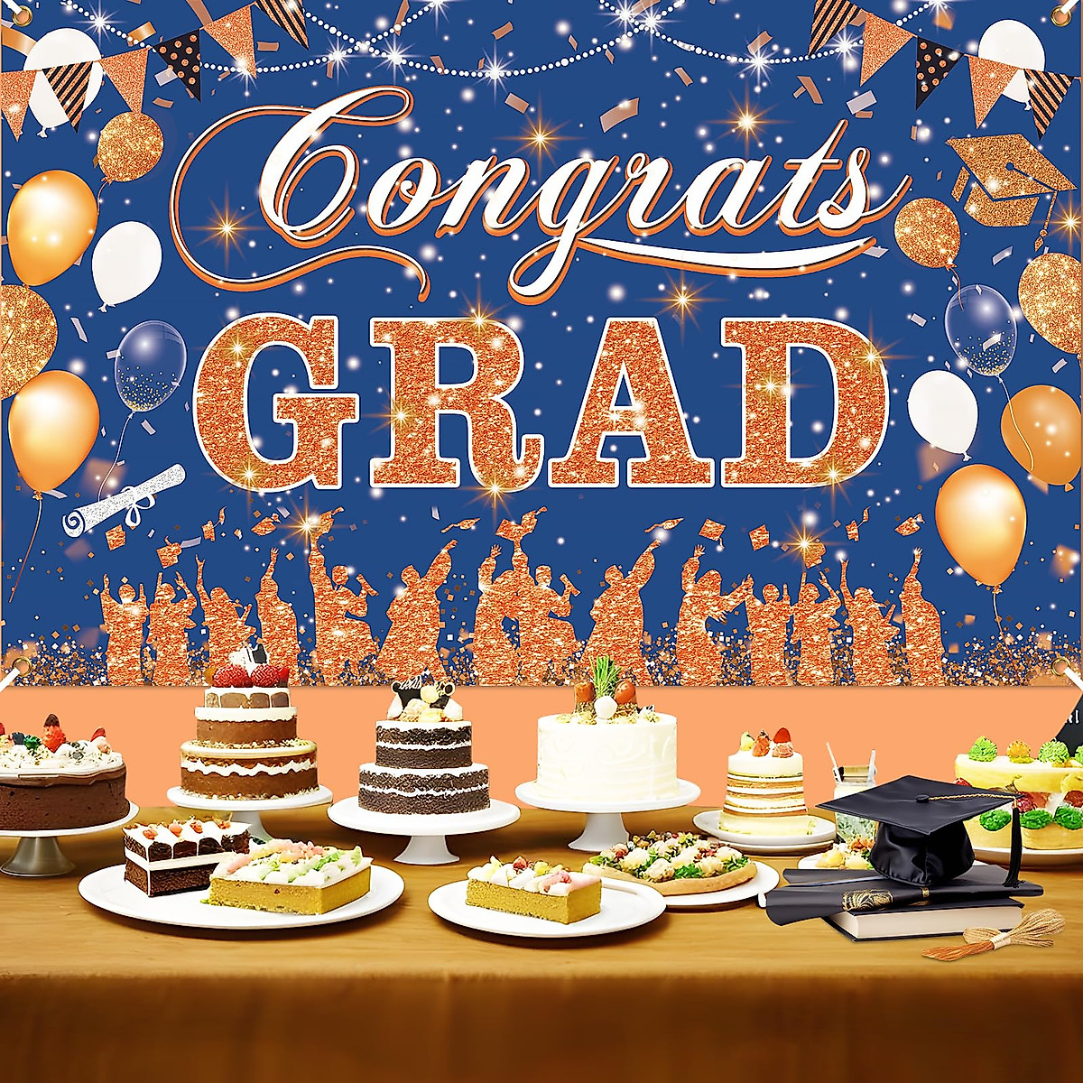 Blue Orange Graduation Decoration Banner, Blue Orange Congrats Grad Banner 2024 Blue Orange Graduation Party Banner for Class of 2024 High School College Graduation Party 70.8x43.3 inch