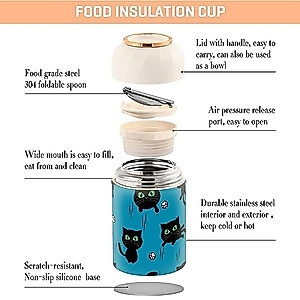 CUPADA Black Cat Kitten Cartoon Food Jar, Cute Claw Scratch Insulated Hot Food Jars Vacuum 17OZ with Folding Spoon for Work Trip Picnic Camping