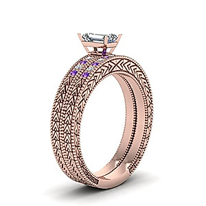 JewelryGift Antique Design Pave Engagement Rings rose gold plated Natural Amethyst Emerald shape purple color Milgrain Engagement Rings pave Setting in Size 10 Casual Wear for Gift