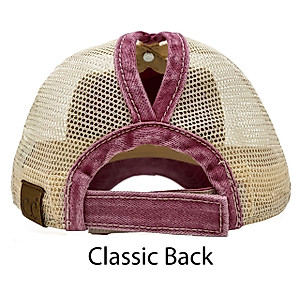 Ponytail Messy Bun Trucker Ponycap: Mesh - Burgundy w/Beige Mesh