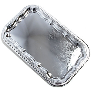 Maro Megastore (Pack of 4) 20.9" x 12.8" Traditional Rectangular Trim Floral Pattern Engraved Catering Chrome Plated Serving Plate Mirror Tray Platter Tableware Holiday Party Serving (Large) T227L-4PK