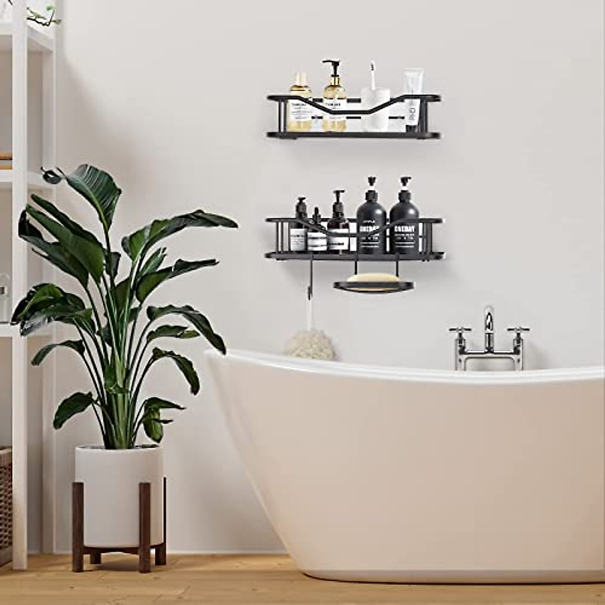 MXARLTR Adhesive Shower Caddy Shower Shelves, Shower Shelf for Inside Shower, No Drilling Wall Mounted Shower Basket Shelf with 3 Hooks, Kitchen Spice Rack Bathroom Shower Organizer 3 Pack, Black