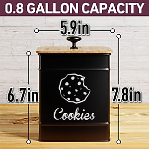 Cookie Jar with Airtight Bamboo Lid - 6"W x 6"D x 8"H Black Iron Cookie Tin - Large Cookie Jars with Lids Airtight - Farmhouse Cookie Jars for Kitchen Counter Decorative - Cute Cookie Jar Airtight Lid