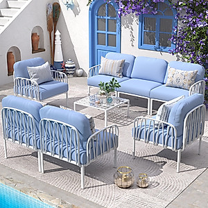 UDPATIO Resin Oversized Patio Furniture Set, Modular DIY Outdoor Sectional Sofa Set, All Weather UV Patio Conversation Set with 5.4'' Thick Cushion for Backyard, Deck, 8pcs Blue White