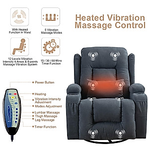IPKIG Recliner Chair, Massage Swivel Rocker Recliner Chairs with Vibration Massage and Heat, Rocking Function, Side Pocket, 2 Cup Holders, Lumbar Pillow, Ergonomic Lounge Chair for Living Room (Blue)