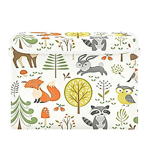 Storage Bins with Lids Foldable Storage Baskets Storage Cubes Collapsible Closet Organizer Containers with Cover Cute Woodland Animals Trees Mushrooms and Berries for Home Office Organizer Closet, She