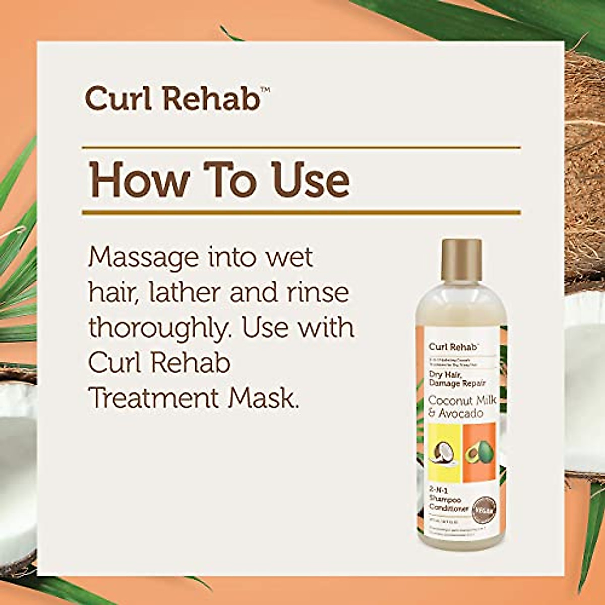 Curl Rehab Dry Hair/Damage Repair Treatment 2 in 1 Shampoo Conditioner (3 Pack), Enriched with Coconut Milk & Avocado, 16 Oz