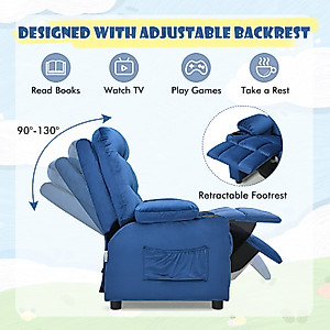 GLACER Kids Recliner, Velvet Adjustable Baby Recliner w/Cup Holder, Footrest, Lumbar Support, Armrests, Side Pockets, Kids Recliner Chairs for Toddlers for Boys Girls Age 3+, Toddler Recliner (Blue)