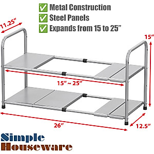 Simple Houseware Under Sink 2 Tier Expandable Heavy Duty Metal Shelf Organizer Rack, Silver (Expand from 15 to 25 inches)