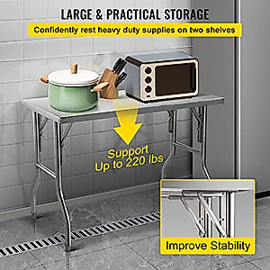 VEVOR 48 x 30 Inch Commercial Prep, Heavy-Duty Folding 661 lbs Load, Work Table, Silver Stainless Steel Kitchen Island