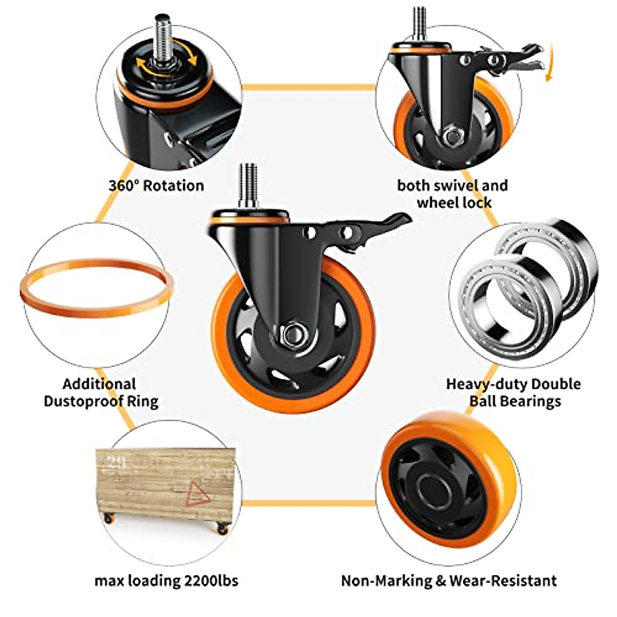 4 Inch Caster Wheels 2200Lbs, Threaded Stem Casters Set of 4 Heavy Duty, 1/2"-13 x 1" (Screw Diameter 1/2", Stem Length 1"), Safety Dual Locking Industrial Castors, Wheels for Cart, Furniture