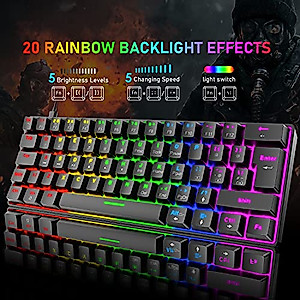 60% True Mechanical Gaming Keyboard Ultra-compact with 20 Rainbow Backlit Type C Wired Programmable 62 Keys Tactile Blue Switch Waterproof Non-Conflict and Gaming Mouse Pad  for PC/Laptop/PS5（Black)