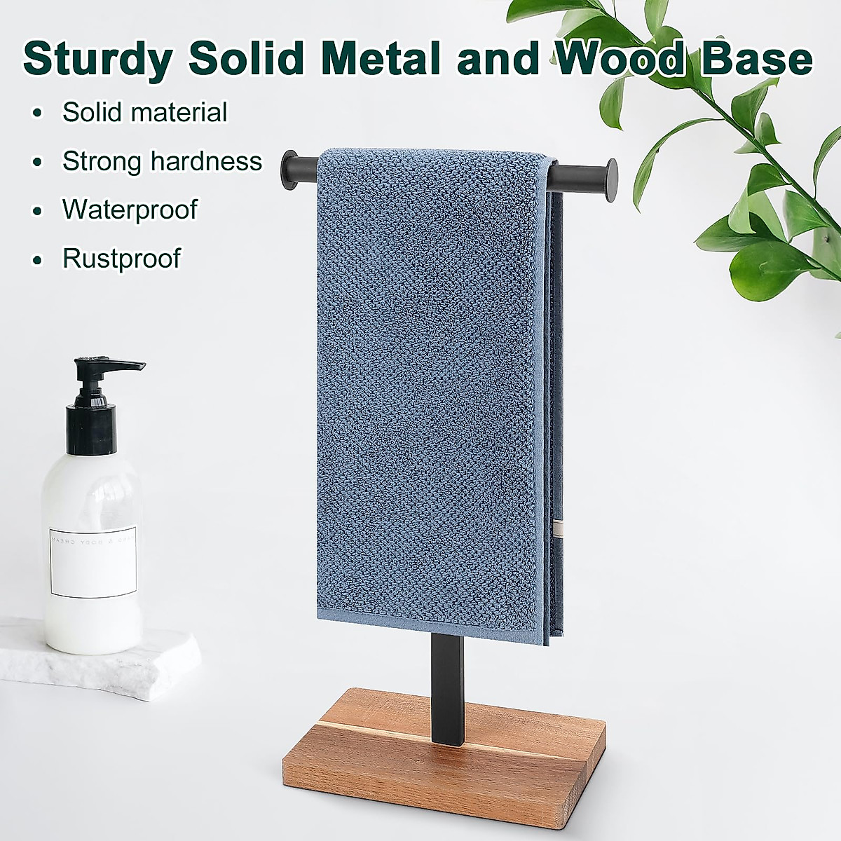BathAce Hand Towel Holder, T-Shape Hand Towel Stand for Bathroom, Stand Hand Towel Rack Free-Standing Towel Bar for Bathroom Kitchen Countertop, Metal (14IN-Wooden Base, Black)
