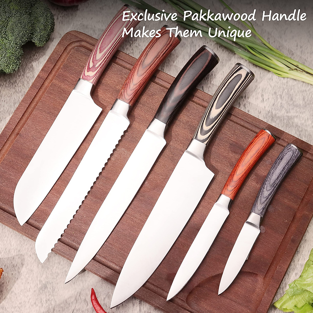 LUVCOSY Colorful Pakkawood Kitchen Knife Set of 6, Stainless Steel Chef Knife with Gift Box, Razor Sharp Bread Knife/Grill Knife/Utility Knife/Paring Knife/Santoku Knife for Home/Kitchen