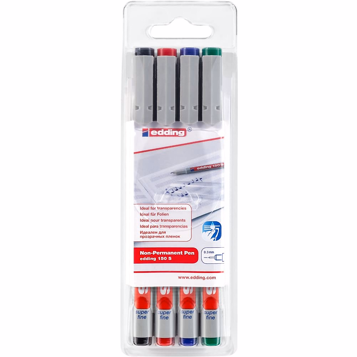 Edding 150 S non-permanent pen - set of 4 - black, red, blue, green - round nib 0.3 mm - pen for writing on glass, plastic, foils and smooth surfaces - quick-drying, can be corrected with water