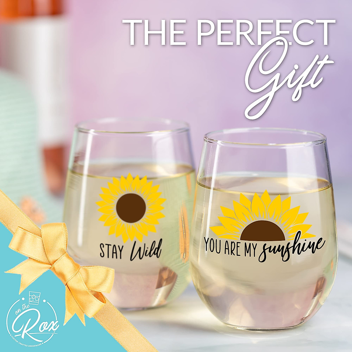 On The Rox Drinks Sunflower Wine Glasses Set of 2 - You Are My Sunshine - Sunflowers Gifts for Women and Kitchen Decor Accessories - Wine Tumbler Cup Glass Set - Sunflower Gift for House - 15 Oz