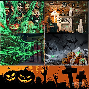 4 Pcs Halloween Glow in The Dark Spider Web Halloween Decorations with 100 Pieces Fake Spiders and 24 Pieces Bat Decor for Halloween Eve DIY Window Home Wall Indoor Outdoor