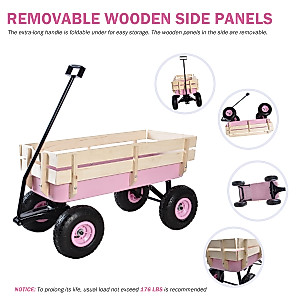 Sanch Ancha Heavy Duty Steel Wooden Side Support Cargo Wagon with 10” All-Terrain Air Tires, Up to 176lb Haul Capacity, Effortless Foldable Handle Cart for Towing Kids Toys, Gardening Supplies (Pink)