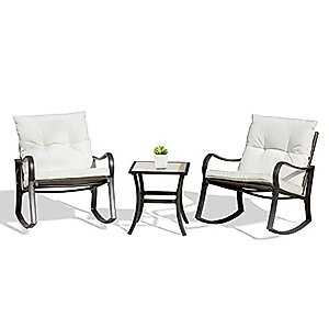 Domi Patio Chair Set Clearance,Rocking Wicker Bistro Set,3 Pieces Patio Furniture Set,Porch Chairs and Table for Yard Pool or Backyard