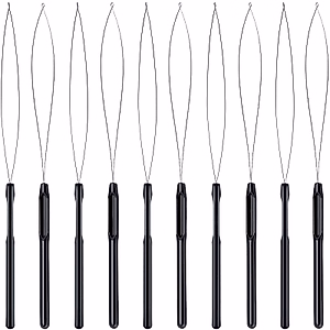 10 Pieces Hair Extension Loop Needle Threader Pulling Hook Tool and Bead Device Tool Black Loop Threader for Hair or Feather Extensions (Black)