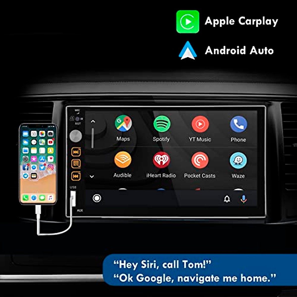 Double Din Car Stereo with Apple CarPlay & Android Auto - 7" Touchscreen Car Radio with Backup Camera and Mirror Link - Bluetooth Audio (Wired carplay)