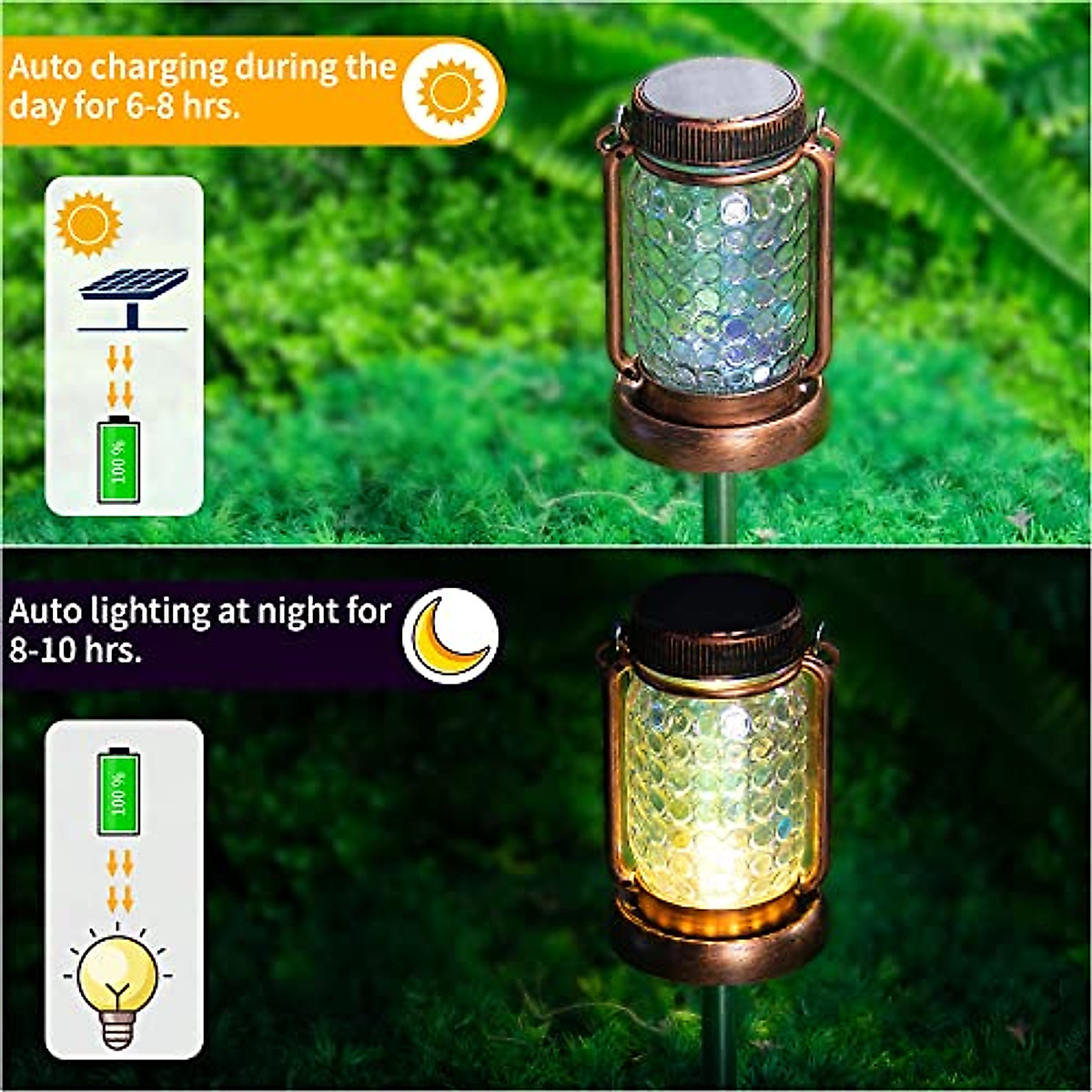 Outdoor Garden Decor, 2 Pack Solar Lantern Waterproof Warmwhite Mason Jar Hanging Lights, Porch Decorative for Garden Yard Patio Backyard Deck Courtyard Lawn