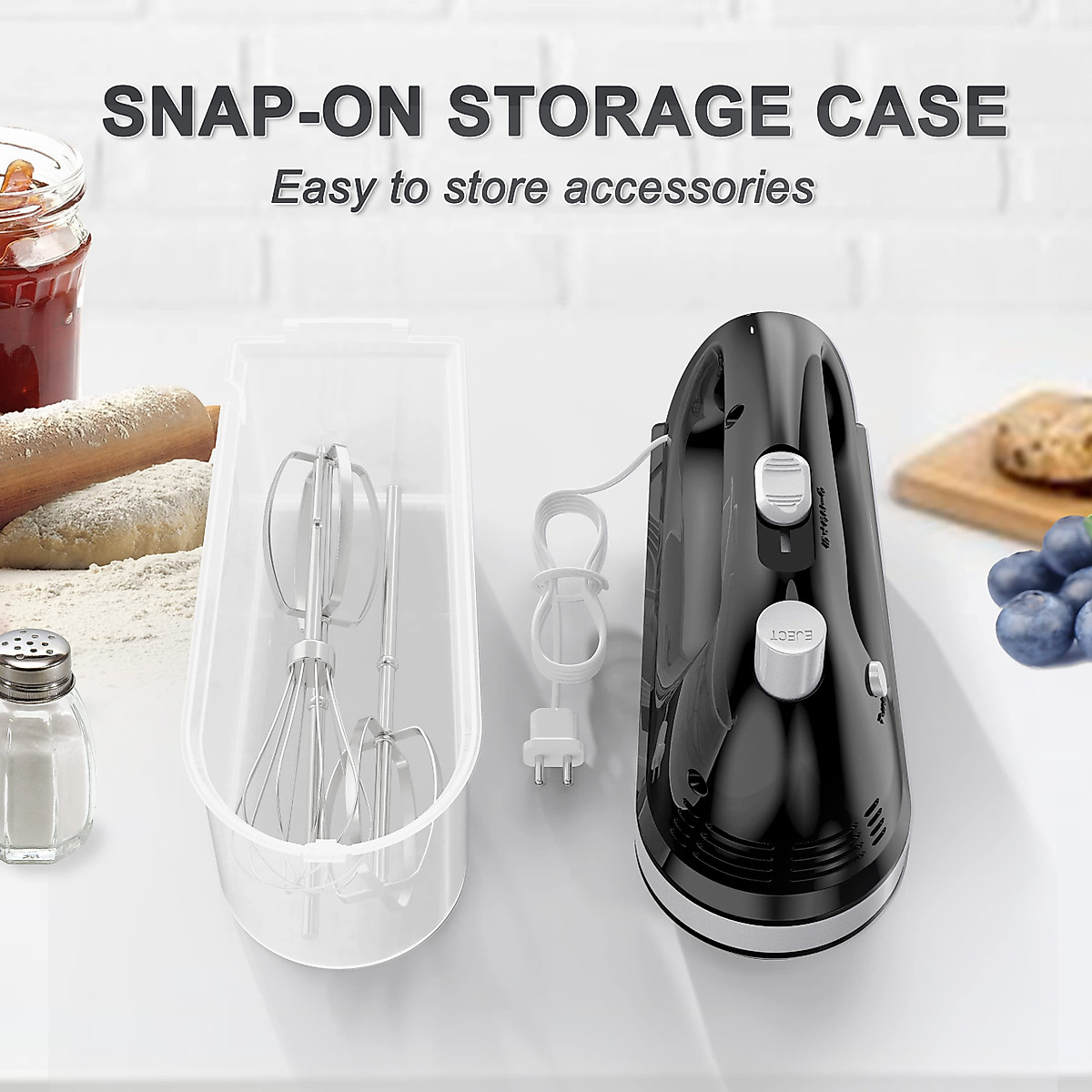 Lord Eagle Electric Hand Mixer Mini, 300W Power Handheld Mixer Kitchen for 5-Speed Baking Cake Egg Cream Food Beaters Whisk, with Snap-On Storage Case, Black