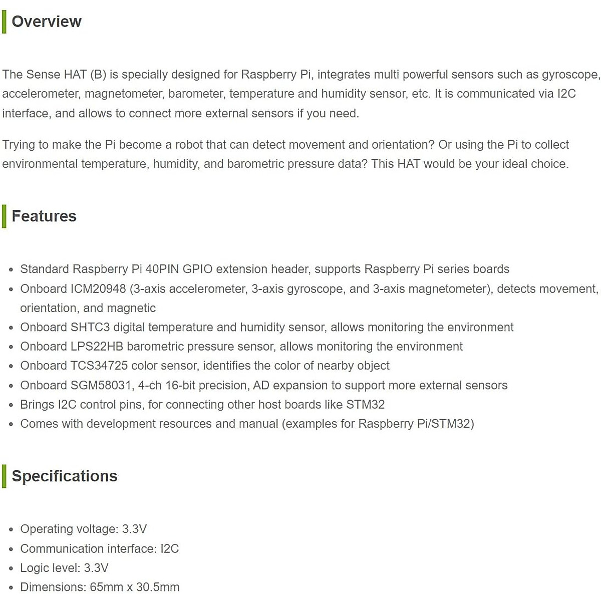 Waveshare Sense HAT (B) for Raspberry Pi Onboard Multi Powerful Sensors Supports External Sensors