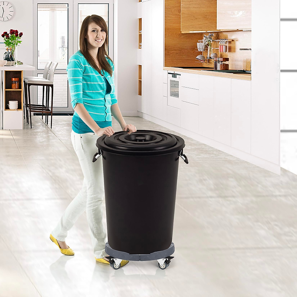 W B D WEIBIDA Trash Can Dolly Adjustable 15-19 Inch Round Dolly with Wheels Heavy Duty Trash Can Roller Base Large Bucket Dolly Multi Functional Drum Dolly Rolling Keg Dolly Cart