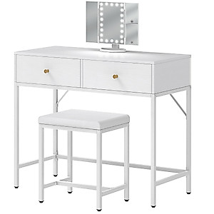 SUPERJARE Vanity Desk, Makeup Vanity with Lighted Mirror, White Desk with Drawers, 35.4 Inches Makeup Vanity Desk with Lights, for Bedroom, White