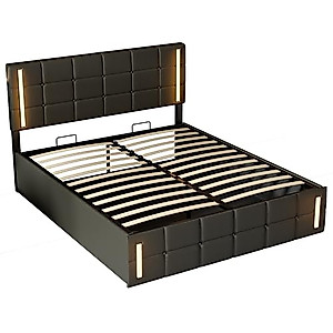 Bellemave Bed Frame,Upholstered Queen Platform Bed with Lift Up Storage, LED Lights and USB Charging, Faux Leather Bed Frame with Headboard and Slat Support (Black, Full Size)