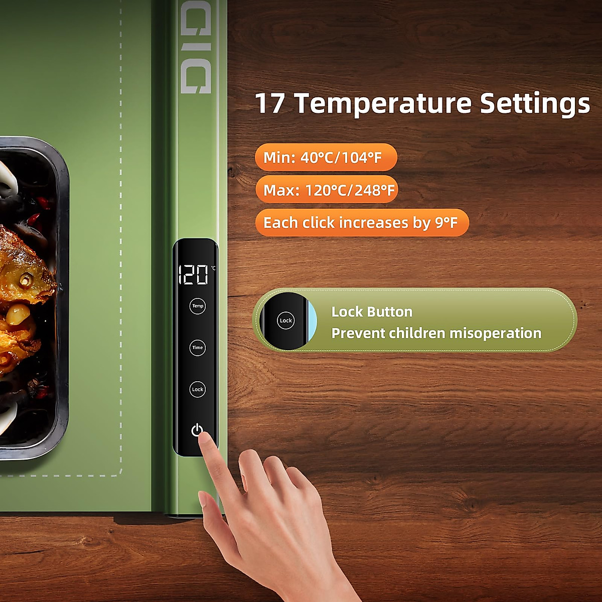 Electric Warming Tray, Warming Mat for Food with 17 Temperature Settings and Timing, Rollable & Portable Premium Silicone Electric Heating Tray with Auto Shut-Off and Lock for Parties Buffet (Green)