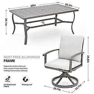 HAPPATIO 7 Piece Patio Swivel Dining Set, Aluminum Outdoor Dining Set for 6, Aluminum Dining Table and Chairs Set, Patio Dining Furniture with Aluminum Table, Chairs and Washable Cushions (Gray)